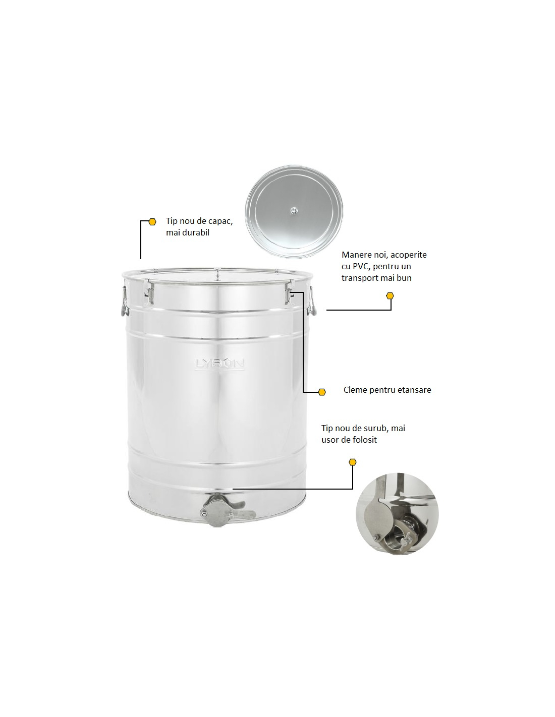 Maturator de miere din inox 50l (70 kg), canea de inox si manere ...